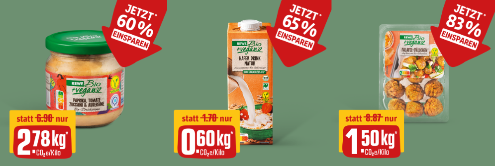 Instead of discounted prices, REWE supermarket advertises CO2 savings